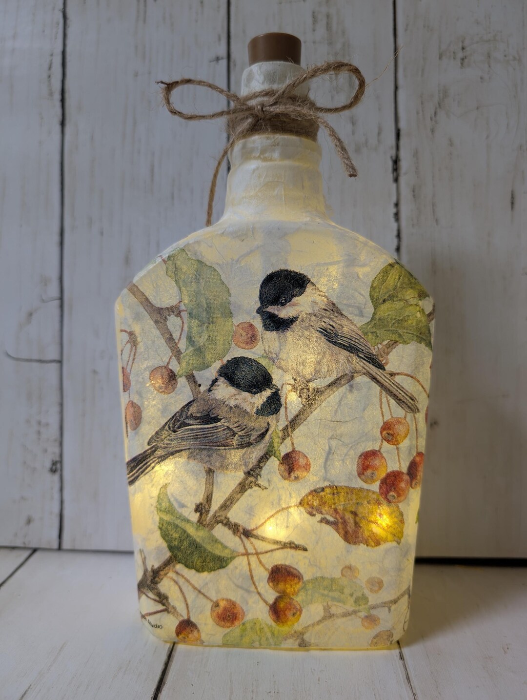 Lighted Bottle Lamp/ Chickadees and Red Berries/ Spring Decor ...