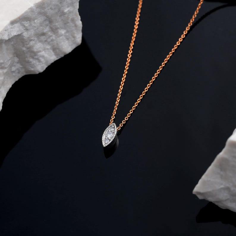 Tiny Marquise Diamond Necklace, 14K Solid Gold Pave Pendant, Minimal ...