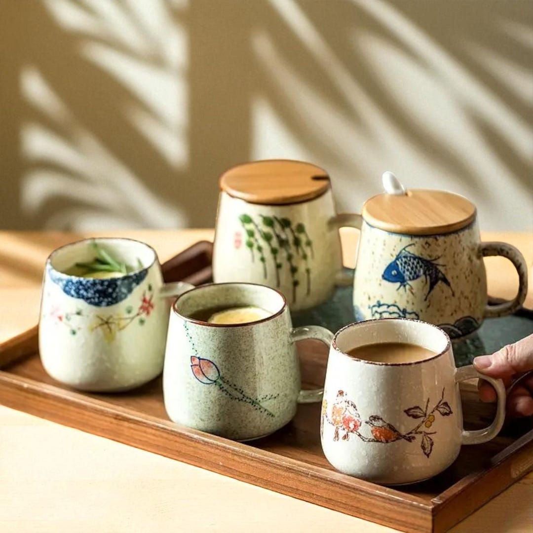 Japanese Ceramic Coffee Mug With Wooden Lid and Spoon: 350ml Retro Tea ...