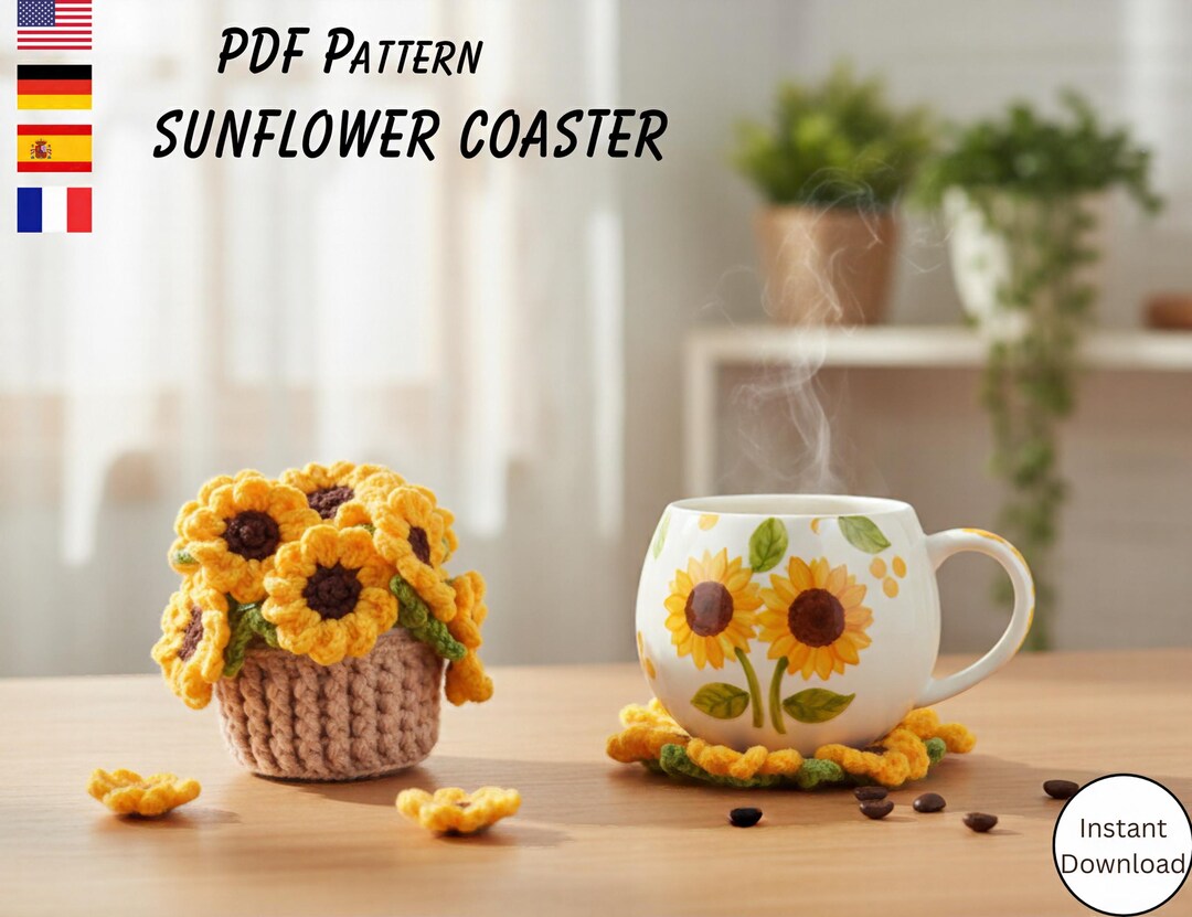 Crochet Sunflower Coaster & Pot Pattern, Flower Pot Crochet PDF ...