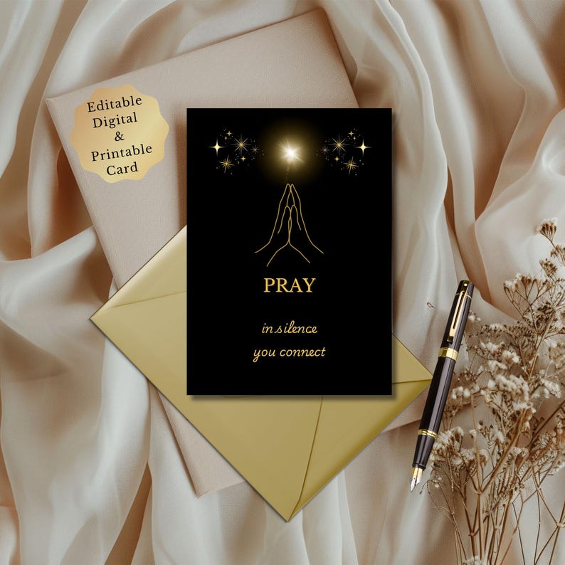 Editable Pray Card, Black Gold Hands & Light, Printable, Canva Template ...