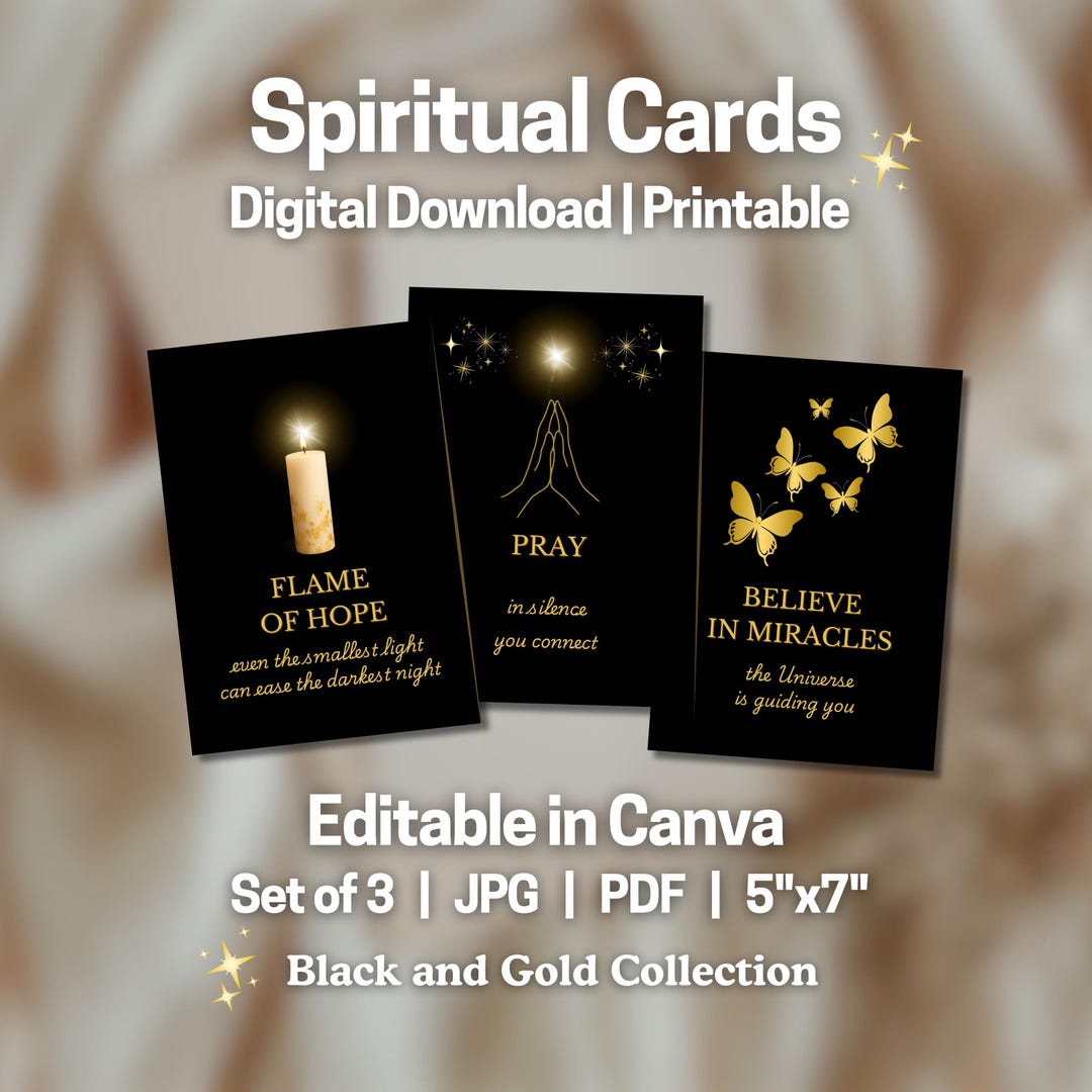 Editable Spiritual Cards, 3x Black Gold Canva Templates, 5”x7” Digital ...