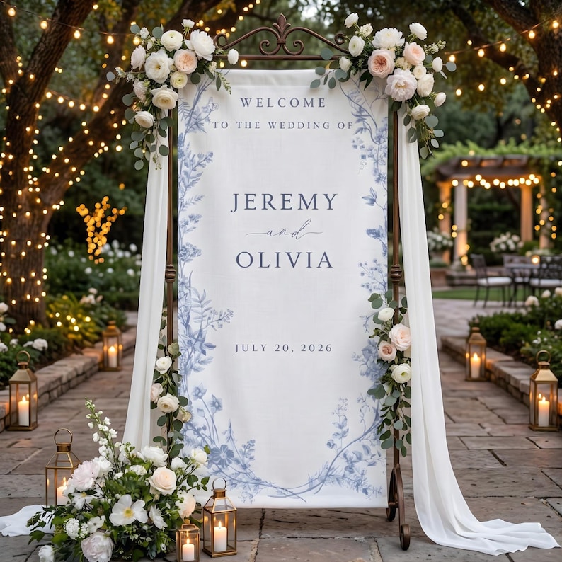 Personalized Wedding Welcome Sign, Dusty Blue Toile Floral Fabric ...