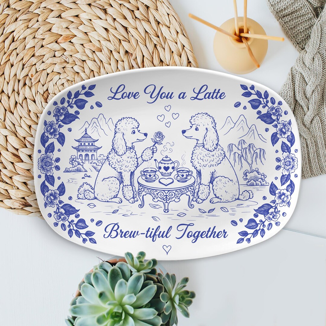 Cute Poodle Tea Party Decorative Plate, Willow Style Oval Ceramic Dish ...