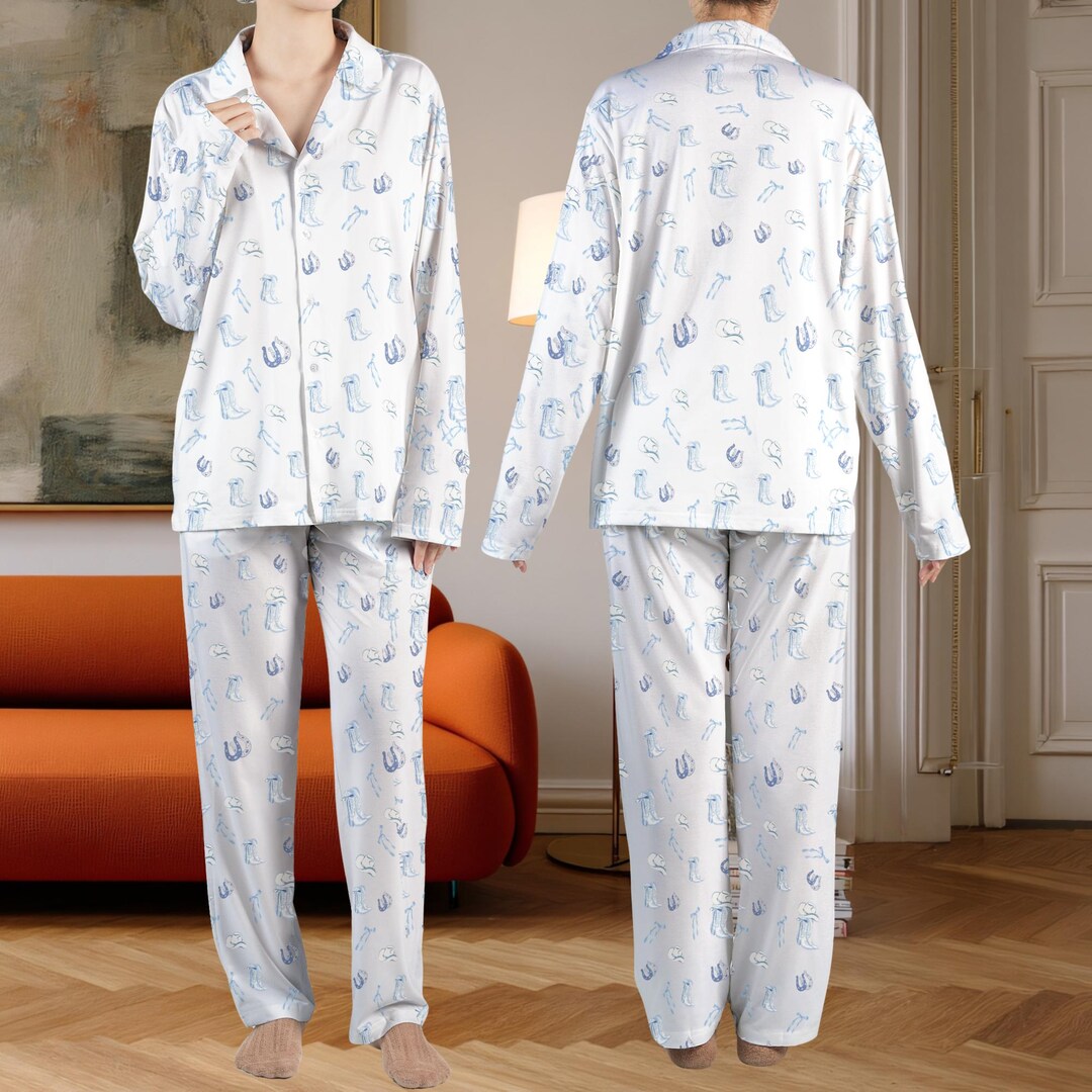 Western Cowboy Satin Pajamas Women Blue Cowgirl Sleepwear Set - Etsy