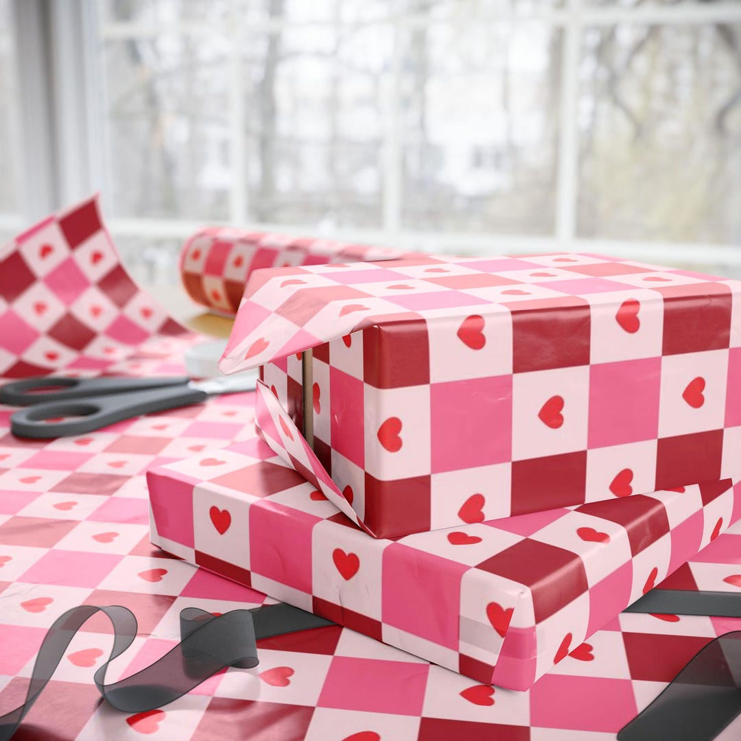 Preppy Red Heart Checker Wrapping Paper, Valentines Day Gift Wrap ...