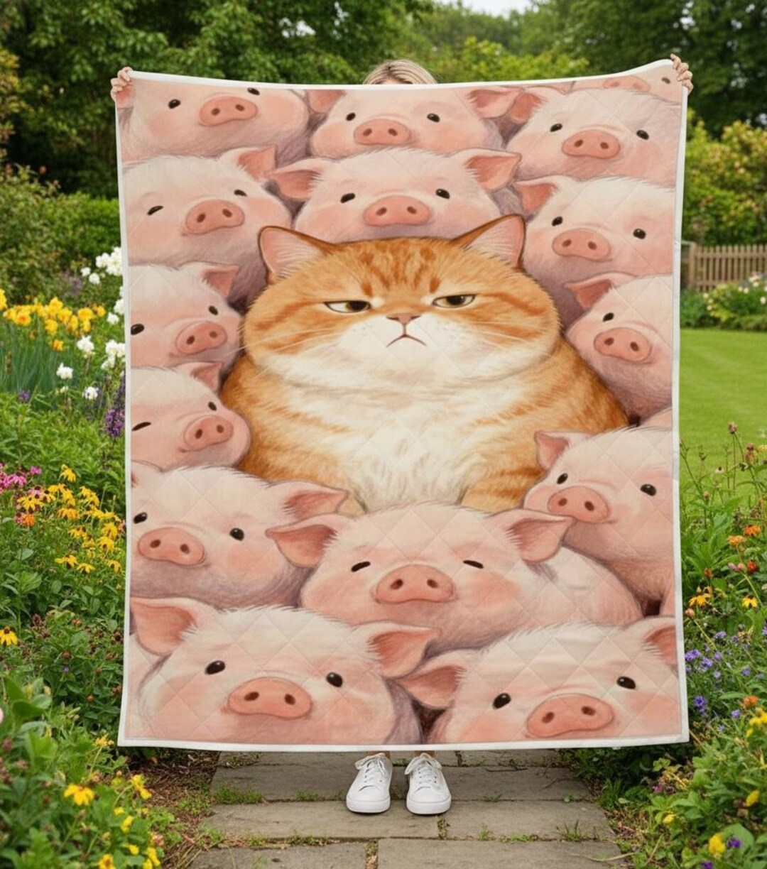 Funny Ginger Cat and Pink Pig Quilt Blanket, Cute Grumpy Cat Bedding ...