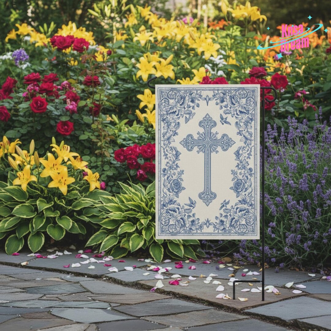 Religious Cross Garden Flag, Blue and White Toile Pattern Yard Banner ...