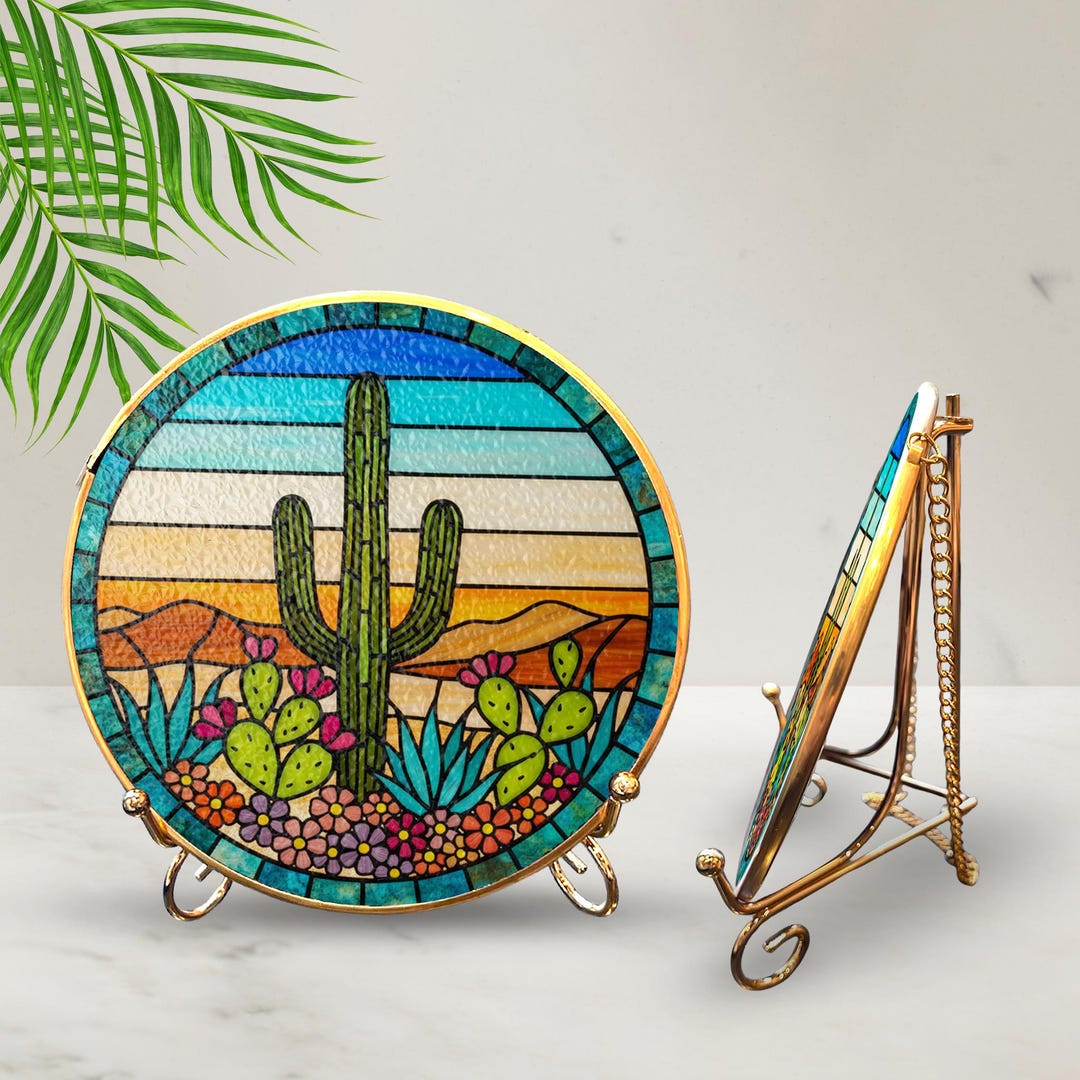 Cactus Stained Glass Suncatcher, Desert Landscape Window Hanging ...