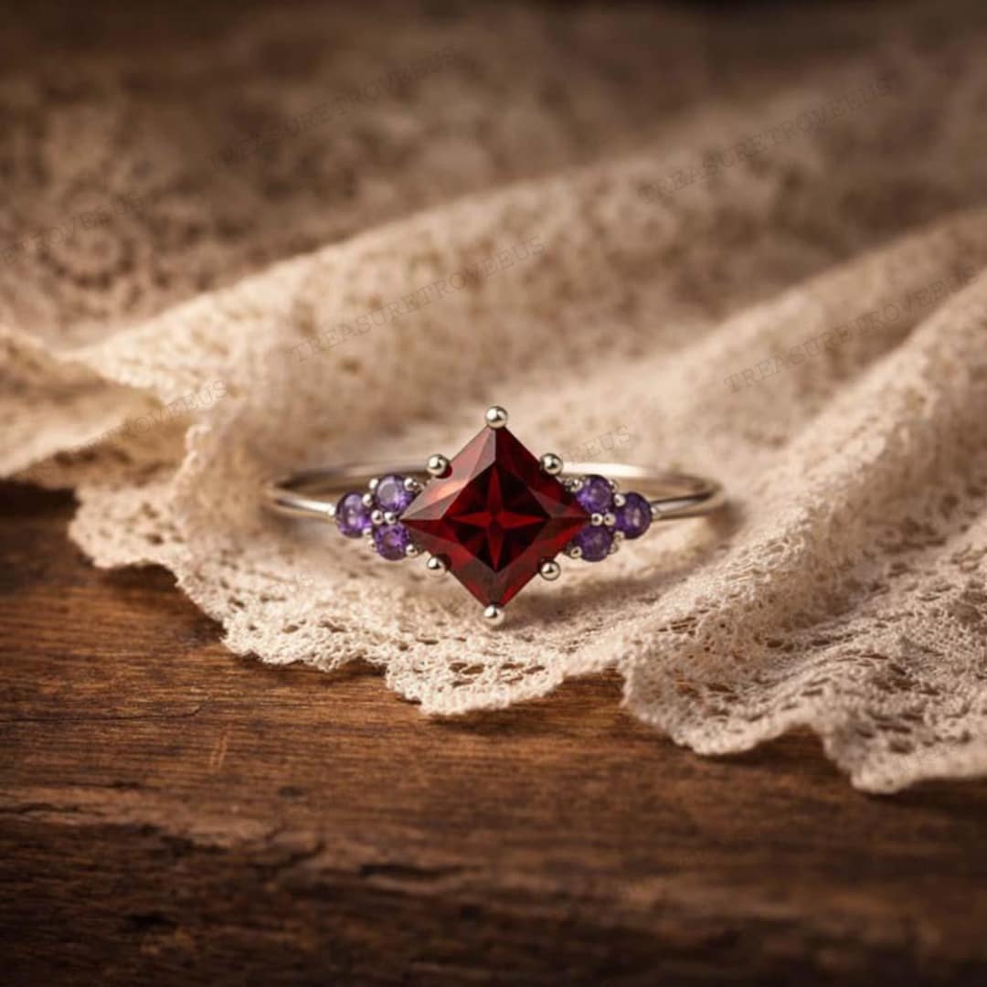 Unique Princess Cut Garnet Engagement Ring Solid Gold Amethyst Cluster ...