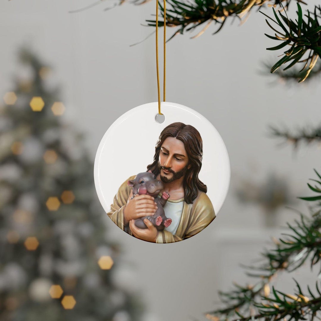 Jesus Embrace Hug Moo Deng Ceramic Ornaments 2-side Print Moodeng Baby ...