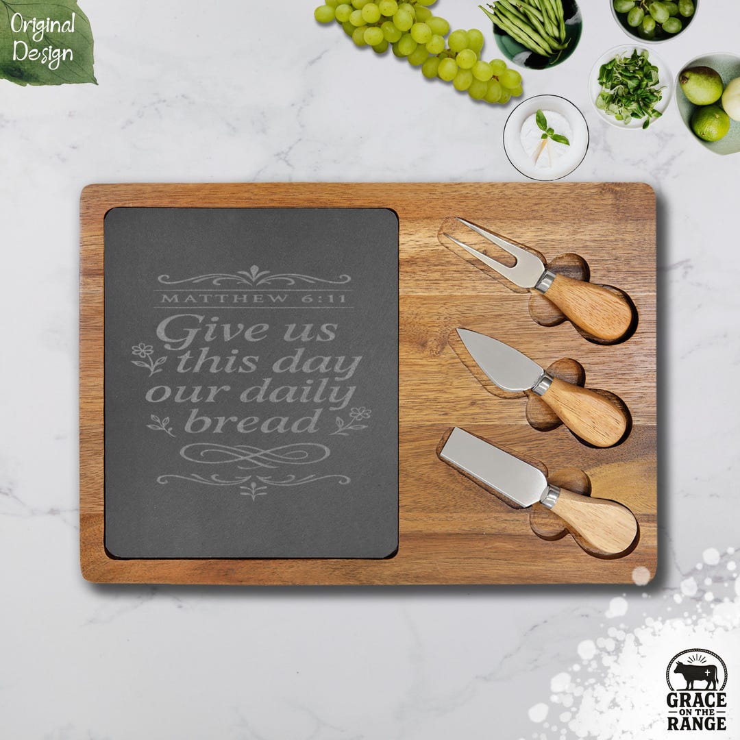 Christian Slate Wood Charcuterie Board Bible Verse Matthew 6:11 ...