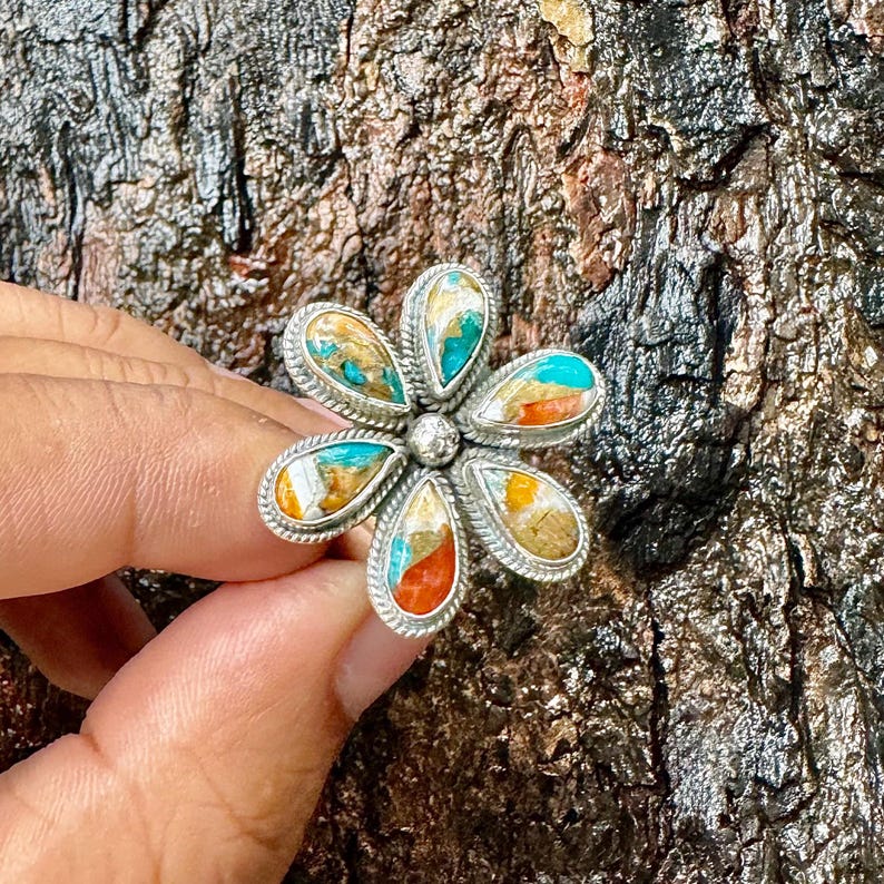 Spiny Oyster Turquoise, 925 Sterling Silver Ring, Handmade Ring, Flower ...