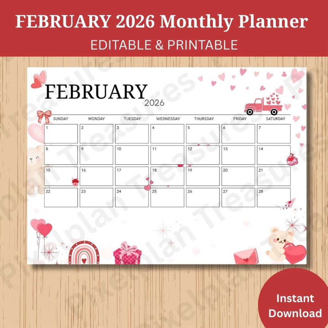 February 2026 Monthly Planner Printable, Valentines Day Calendar, Cute ...