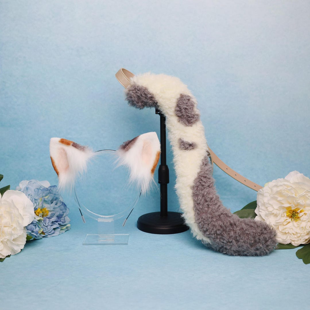 Calico Devon Rex Cat Faux Fur Ears and Tail Set: Cosplay Costume Prop ...