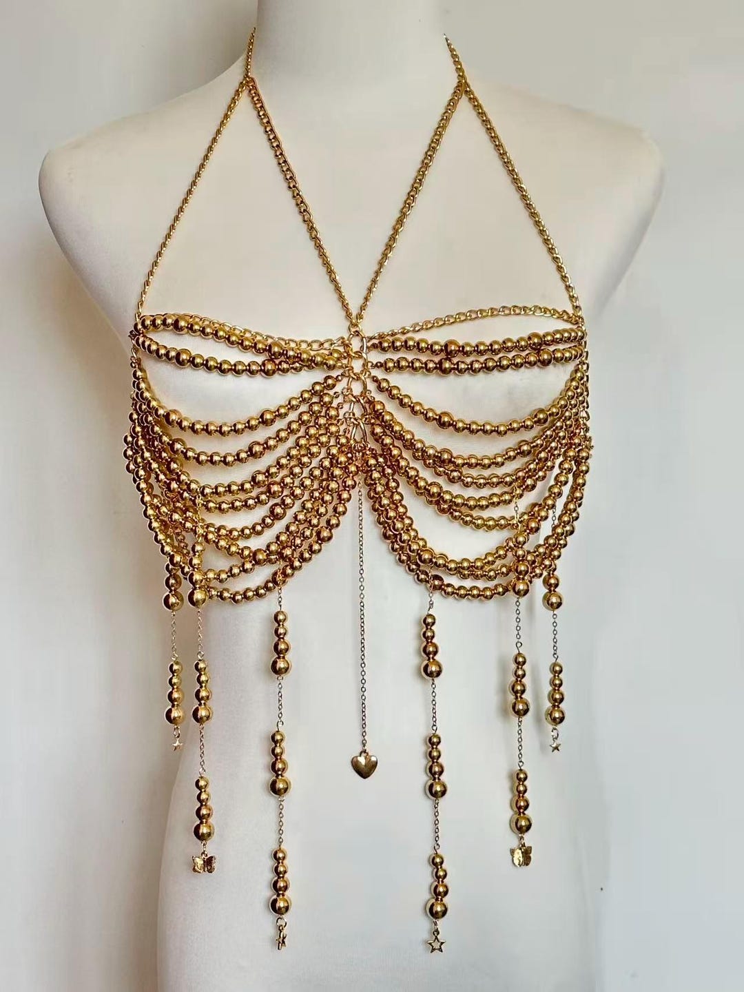 Gold Pearl Body Chain Sexy Halter Bra Top Festival Jewelry Beaded ...