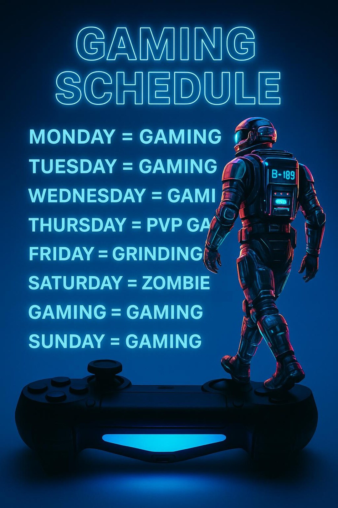 Futuristic Gaming Schedule Poster: Blue Neon Gamer Room Decor (digital ...