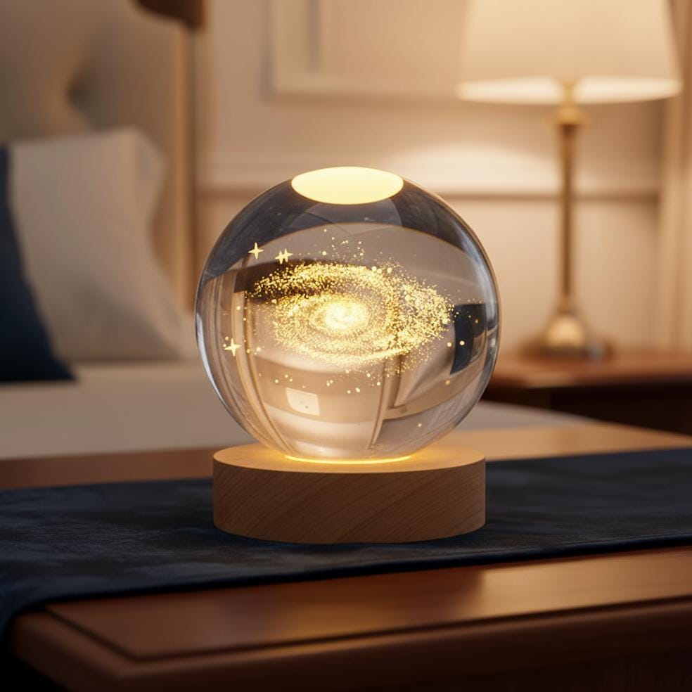 3D Crystal Ball Night Light: Milky Way Galaxy LED Lamp With Wood Base ...