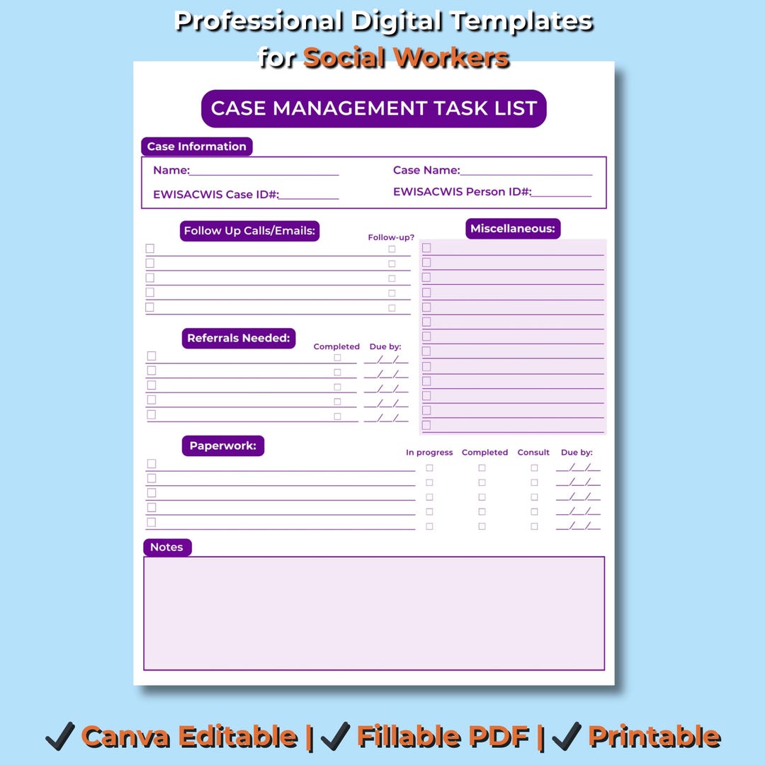 Case Management Task List Bundle | Social Work Planner (fillable PDF ...