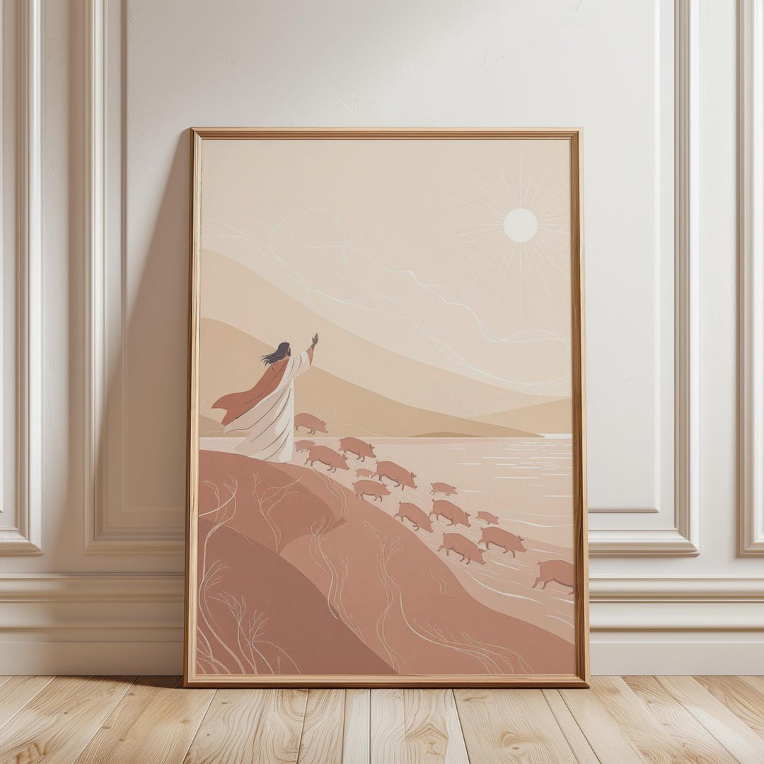 Jesus Sends Demons Into Pigs – Minimalist Christian Wall Art, Beige ...