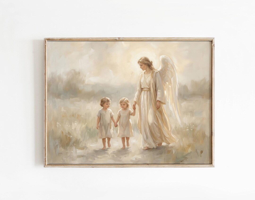 Guardian Angel and Children Art Print, Neutral Nursery Decor (digital ...
