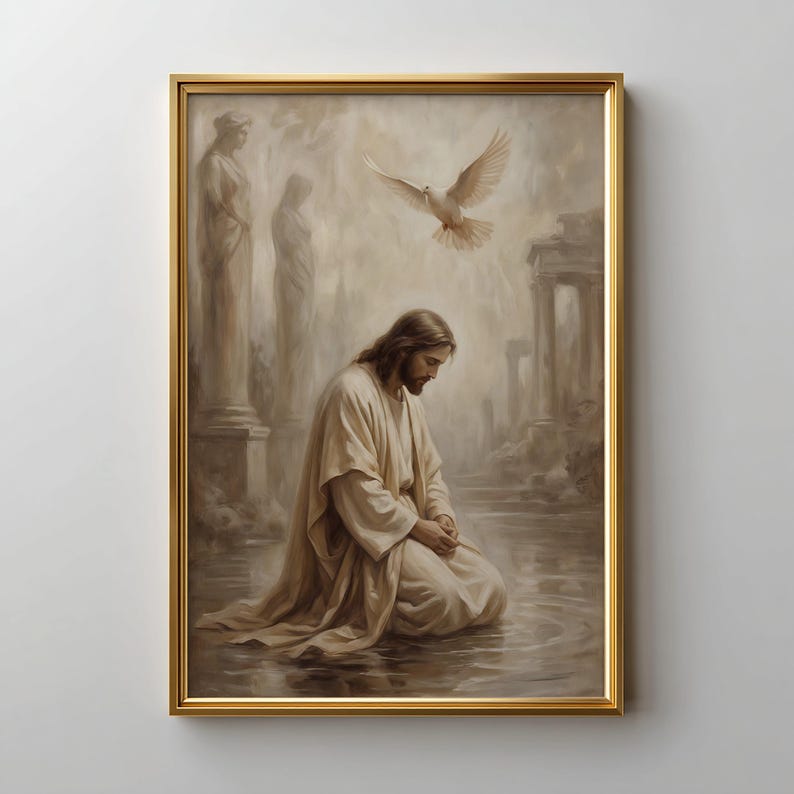 Vintage Baptism of Jesus Wall Art, 19th Century Christian Painting ...