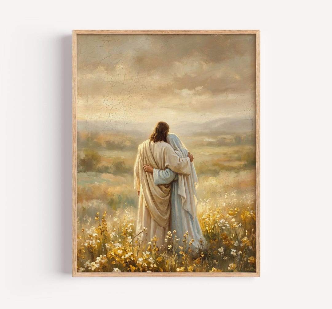 Jesus Embracing Mary – Vintage Christian Art Print, Golden Floral ...