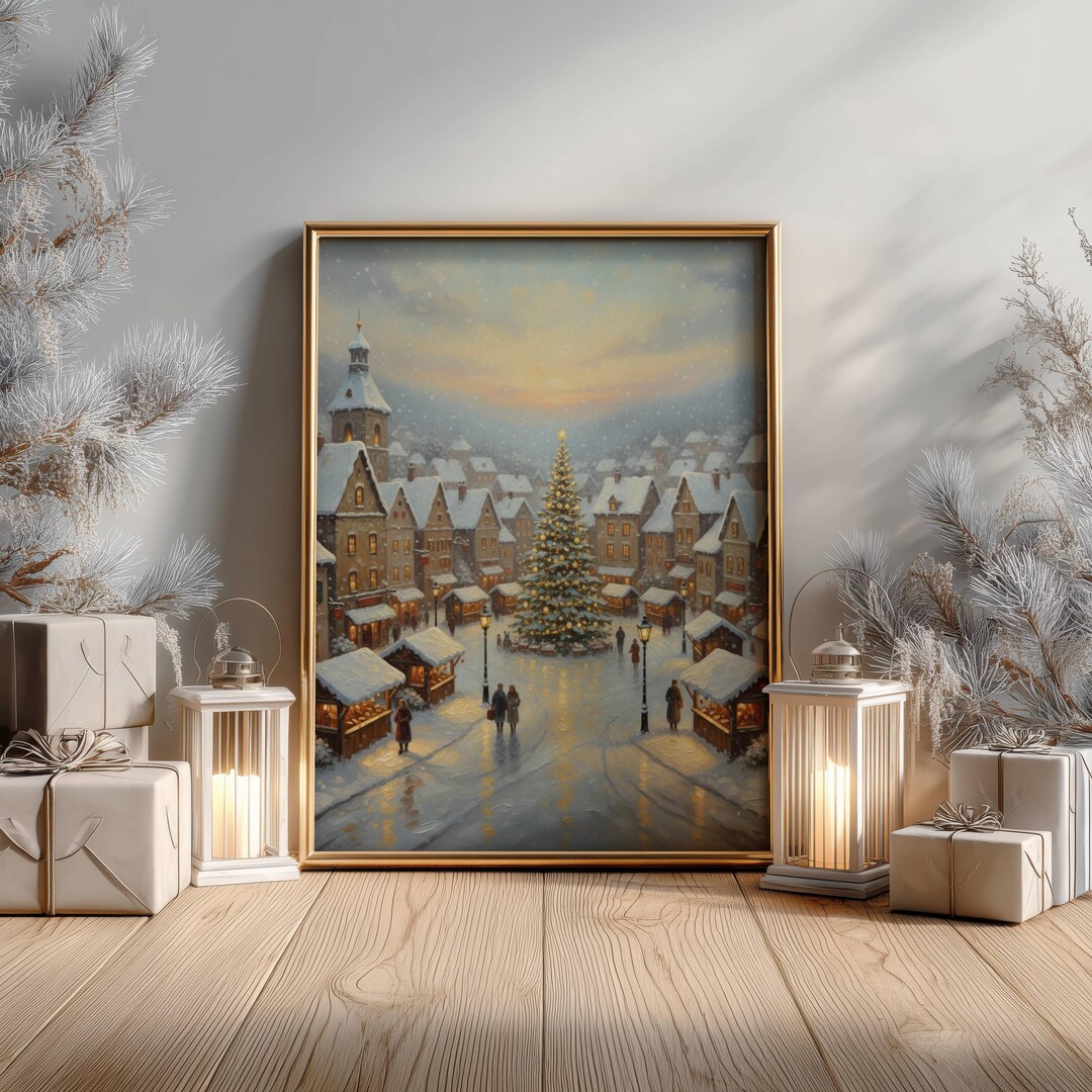 Vintage Christmas Village Art Print | Snowy Winter Town (digital ...