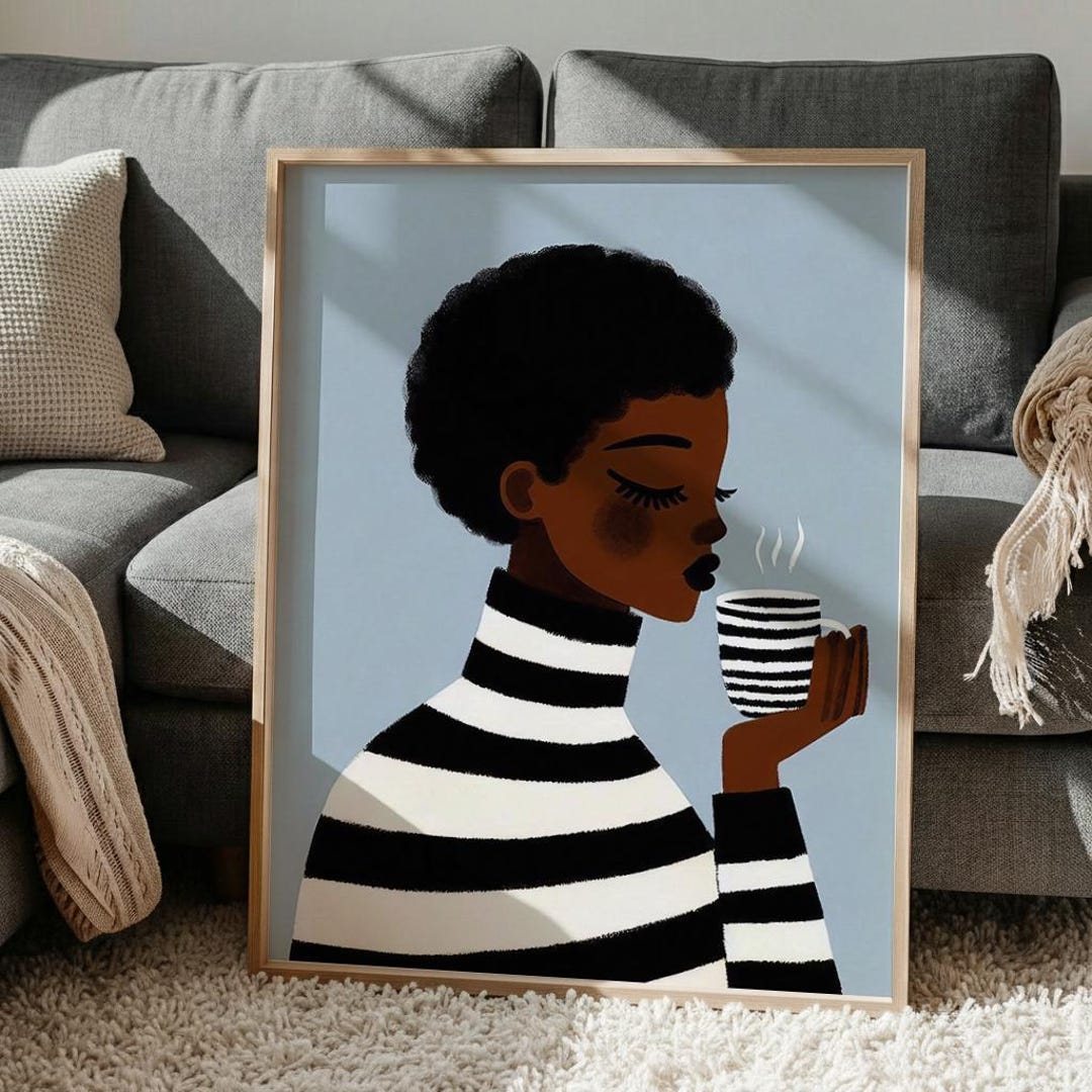 Black Woman With Coffee Art Print, Calm Lifestyle Poster, Afrocentric ...