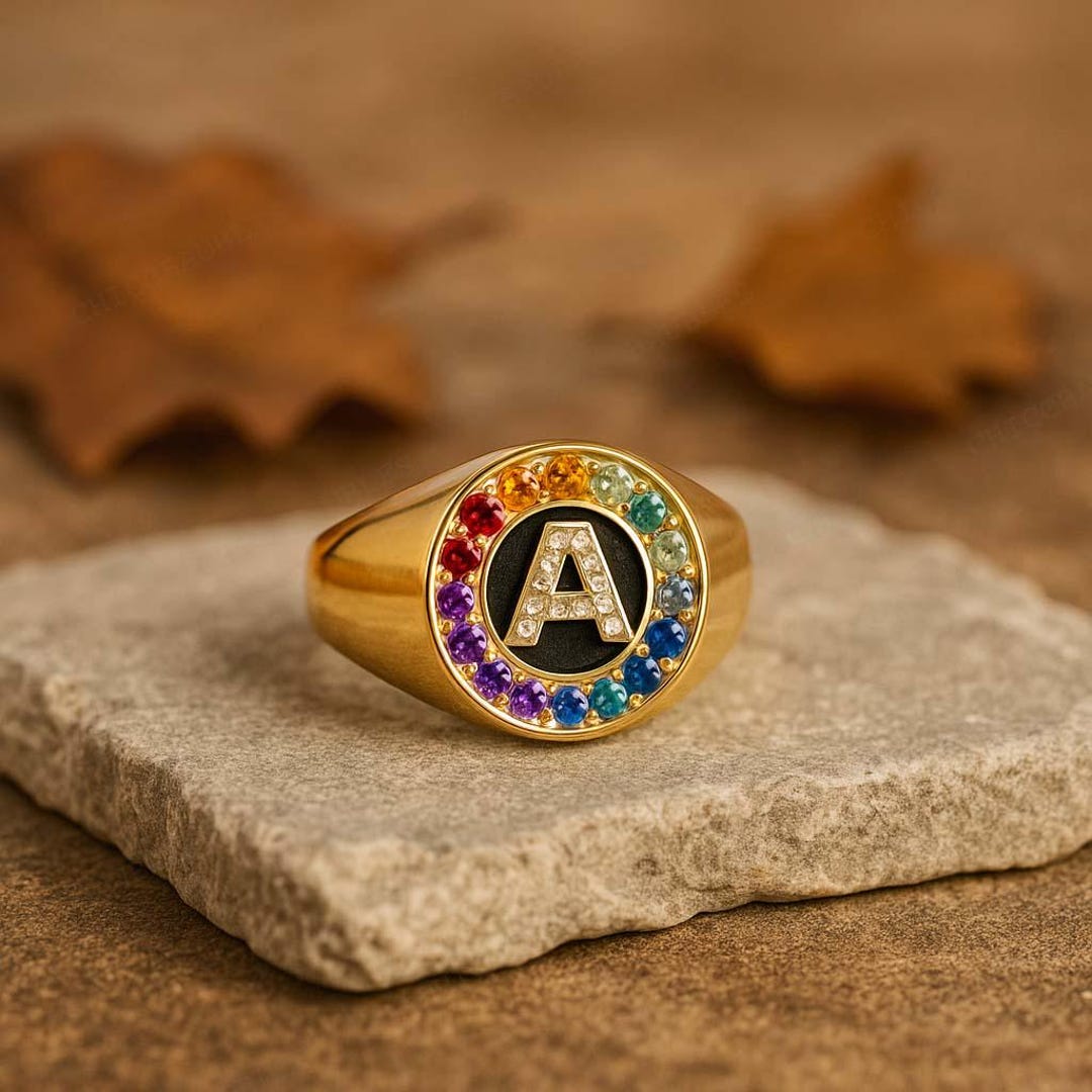 Alphabet Ring, Colourful Wedding Ring, Rainbow Sapphire Initial Ring ...