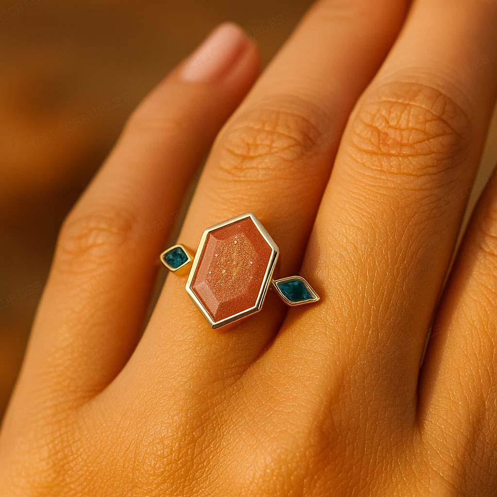 Hexagon Sunstone Ring – Unique Gold Plated Ring With Green Side Stones ...