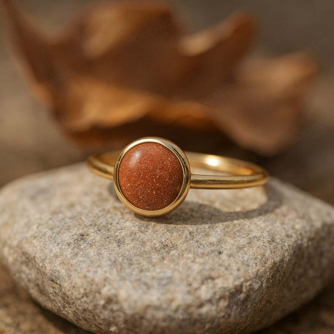 Golden Sandstone Sun Ring, Round Shape Minimalist Ring, 14K Gold ...