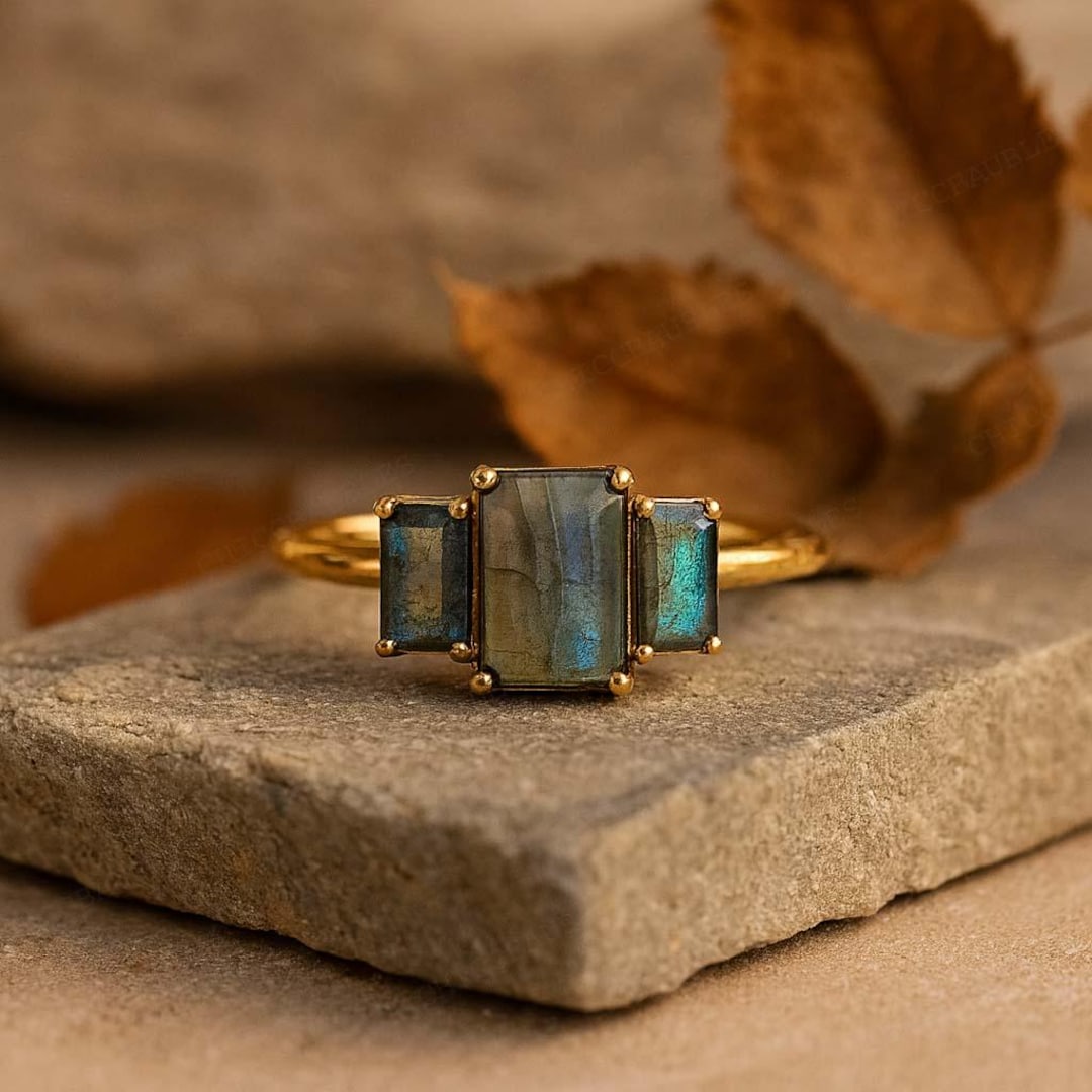 Labradorite Engagement Ring Rose Gold Emerald Cut Labradorite Ring ...