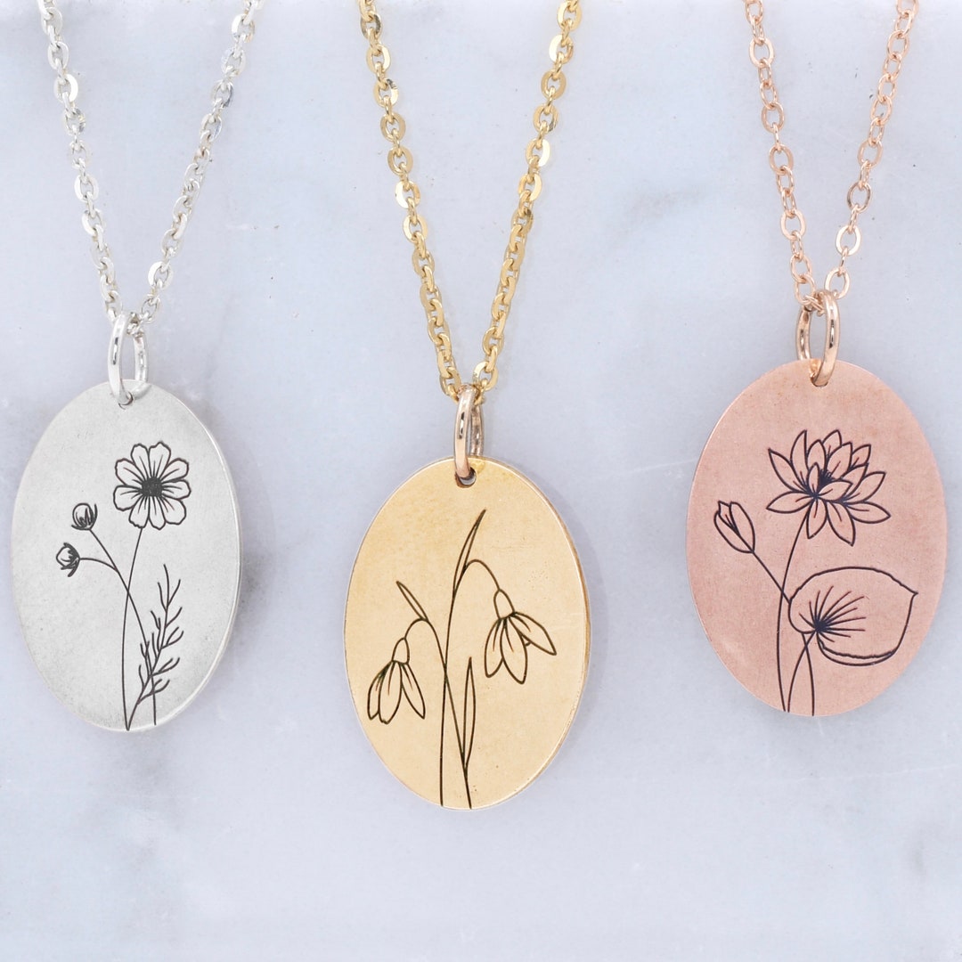 Personalized Birth Flower Necklace • Wildflower Engraved Necklace ...