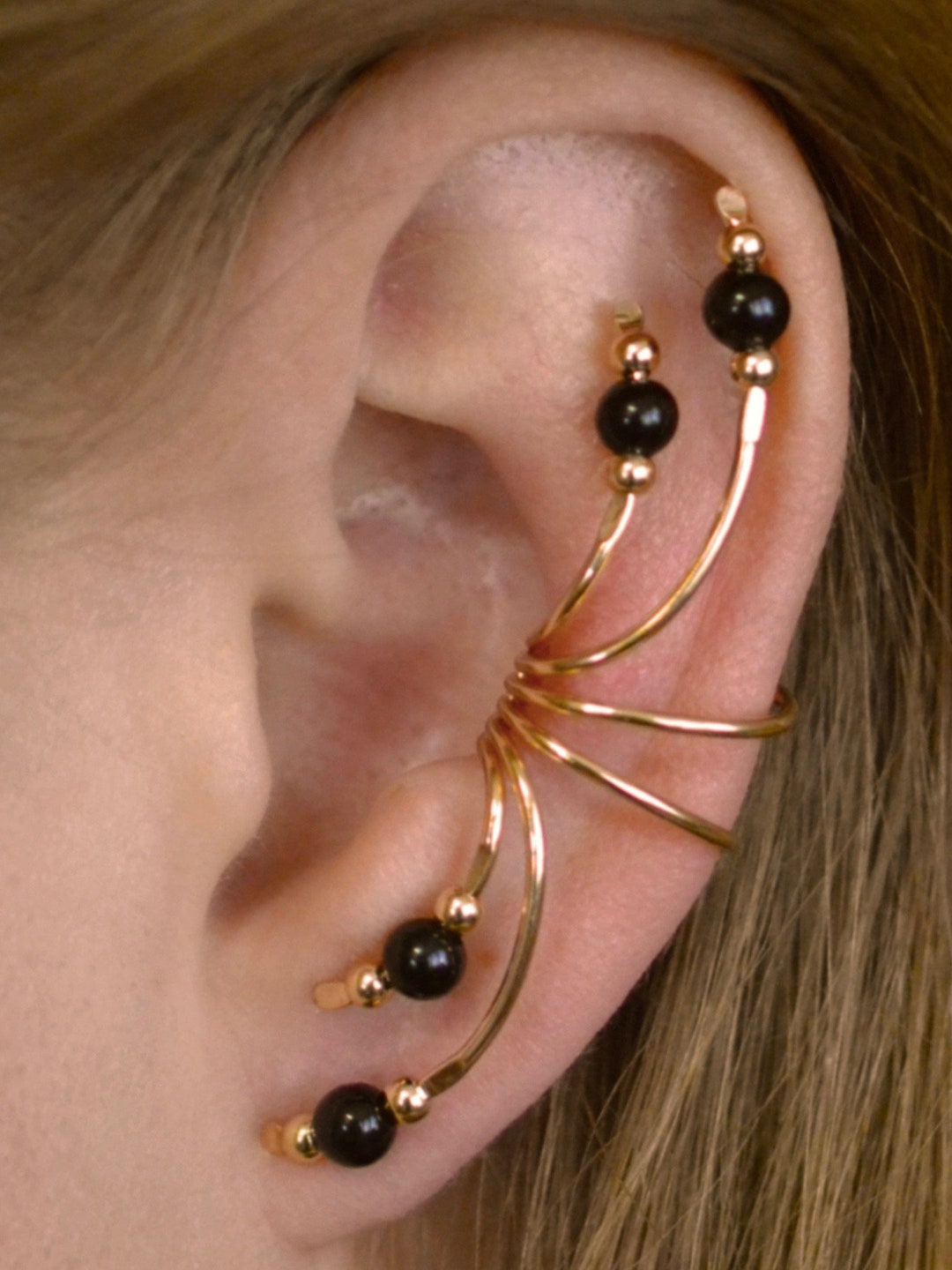 Black Onyx Ear Spray Ear Wrap Ear Cuff Ear Crawler Silver Ear Cuff Gold ...