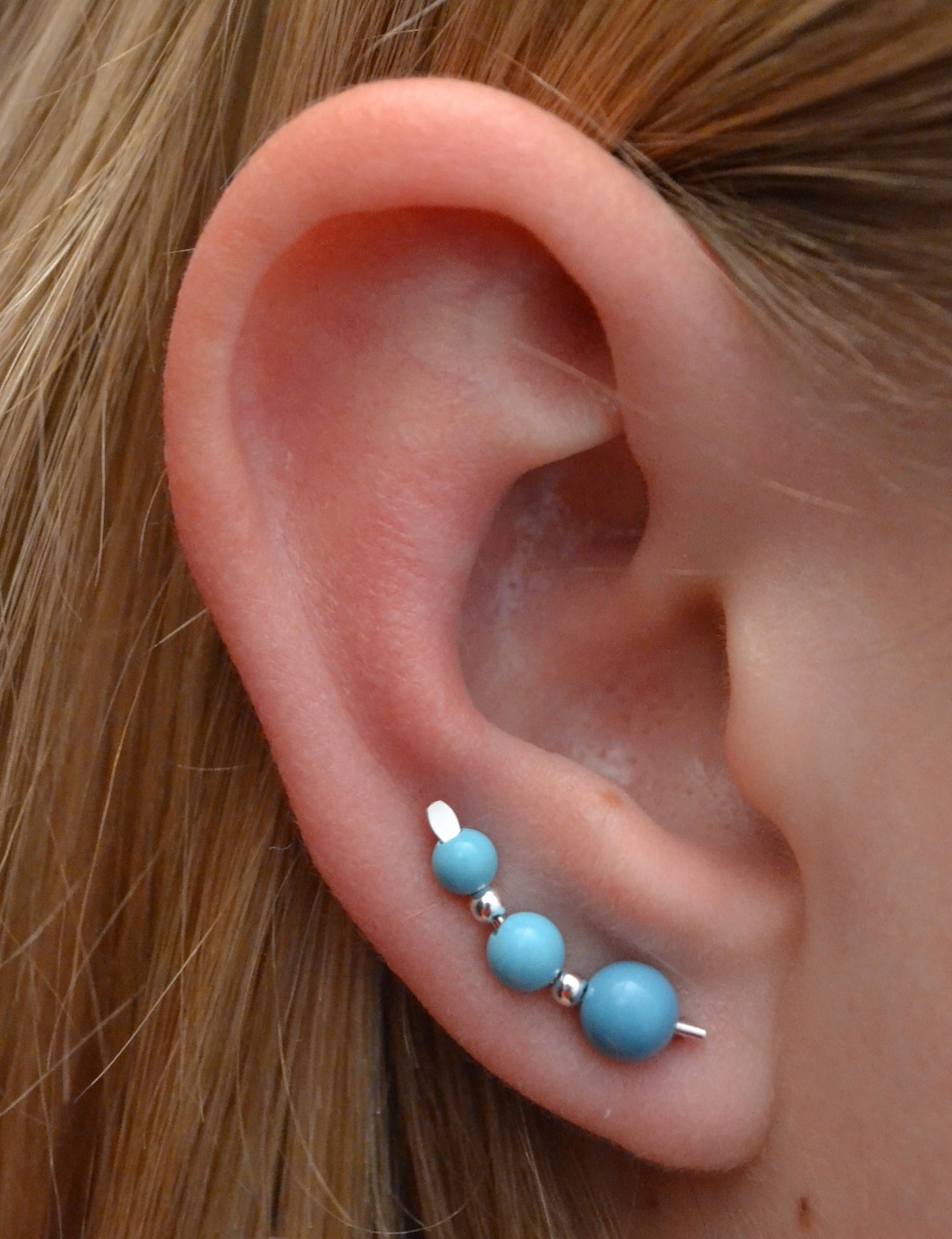 Turquoise Mini • Ear Climber • Bead Ear Climber • Ear Crawler • Silver ...
