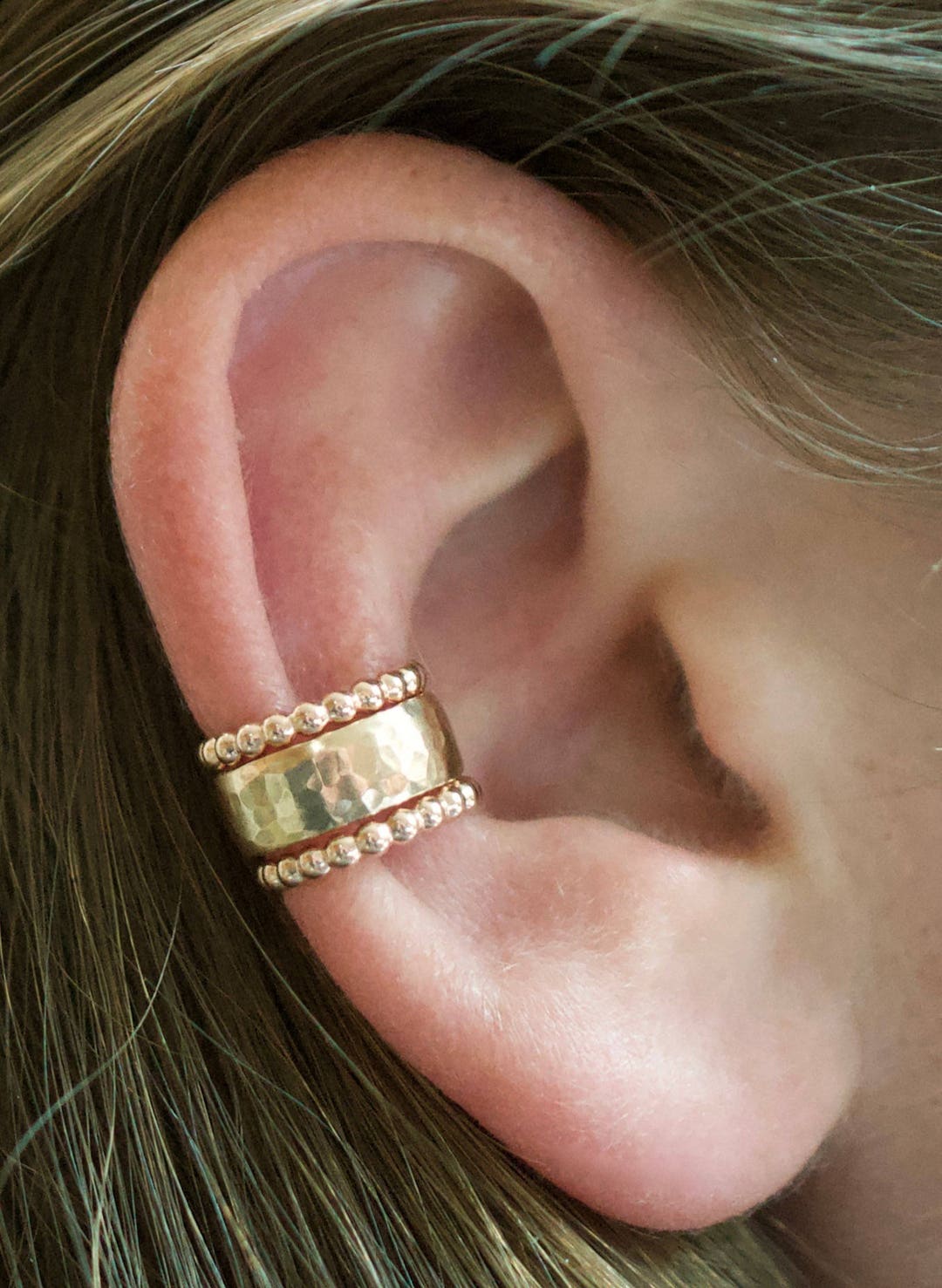 Bold Hammered Ear Cuff With Bead Outer Bands Stack of Three Sterling ...