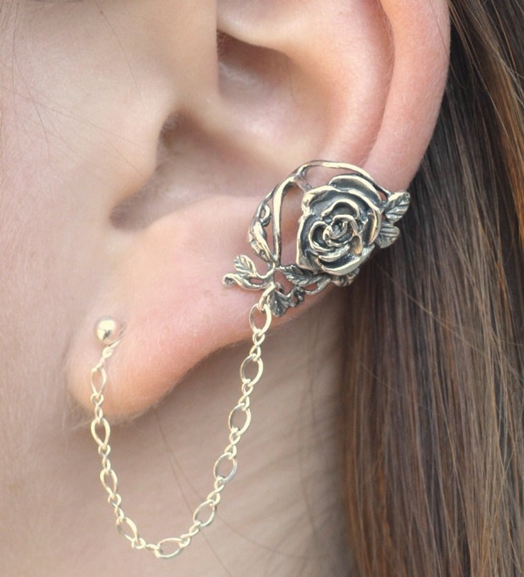 Rose Ear Cuff • Chain Earring • Ear Cuff • Ear Wrap • Rose Earring ...