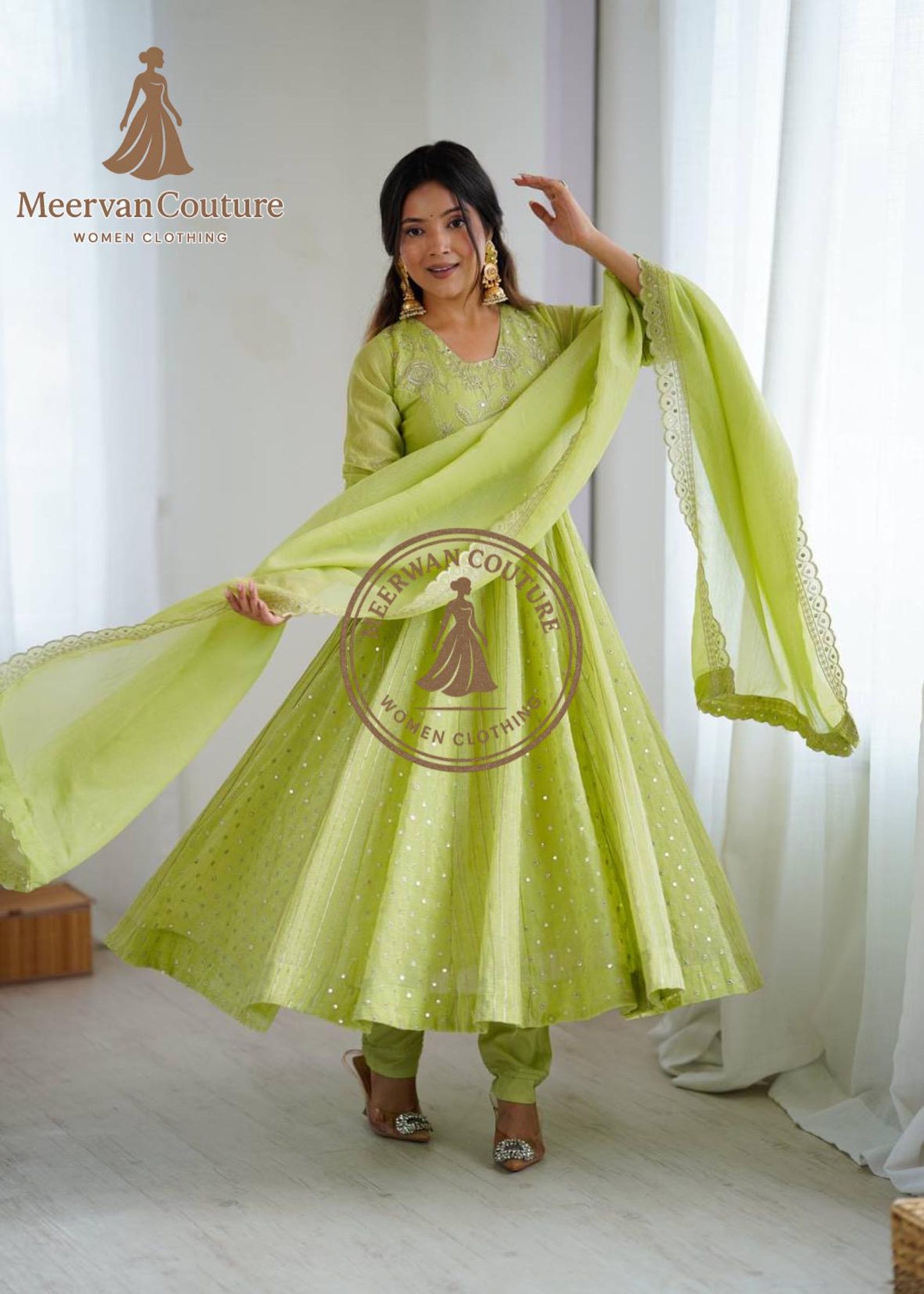 Crunchy Silk Anarkali Gown Set: Embroidery Sequence Work & Dupatta - Etsy