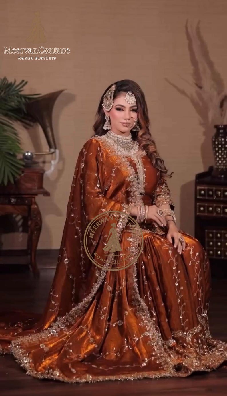 Pakistani Golden Bridal Sharara Set, Handcrafted Zari Work, Traditional ...