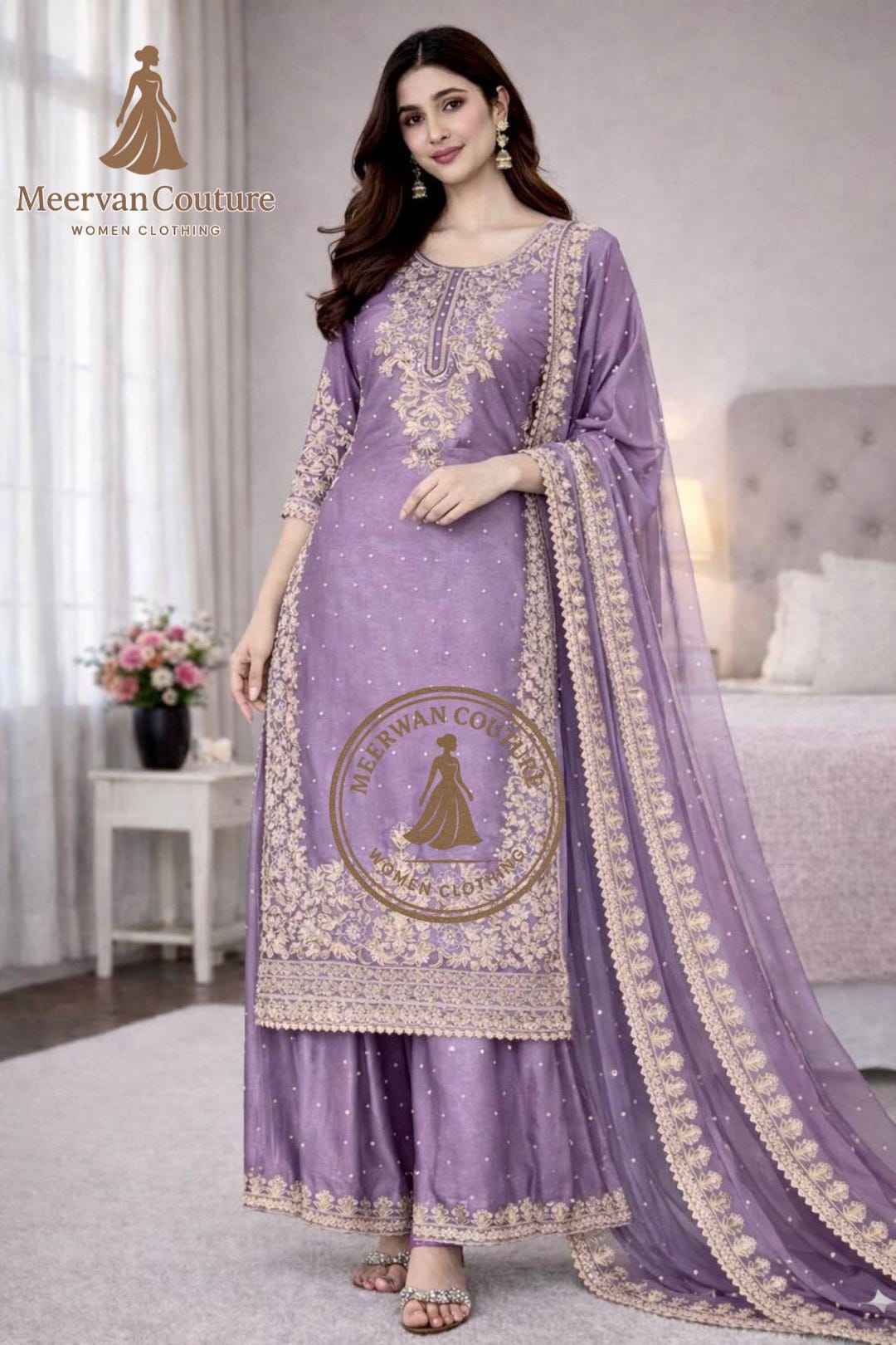 Luxury Pure Silk Palazzo Suit With Heavy Coding Embroidery, Designer ...