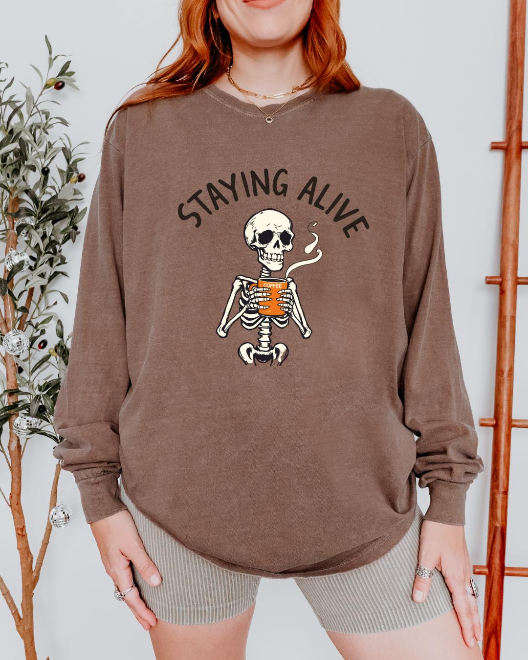 Staying Alive Skeleton Shirt: Funny Coffee Lover's Retro Halloween Tee ...