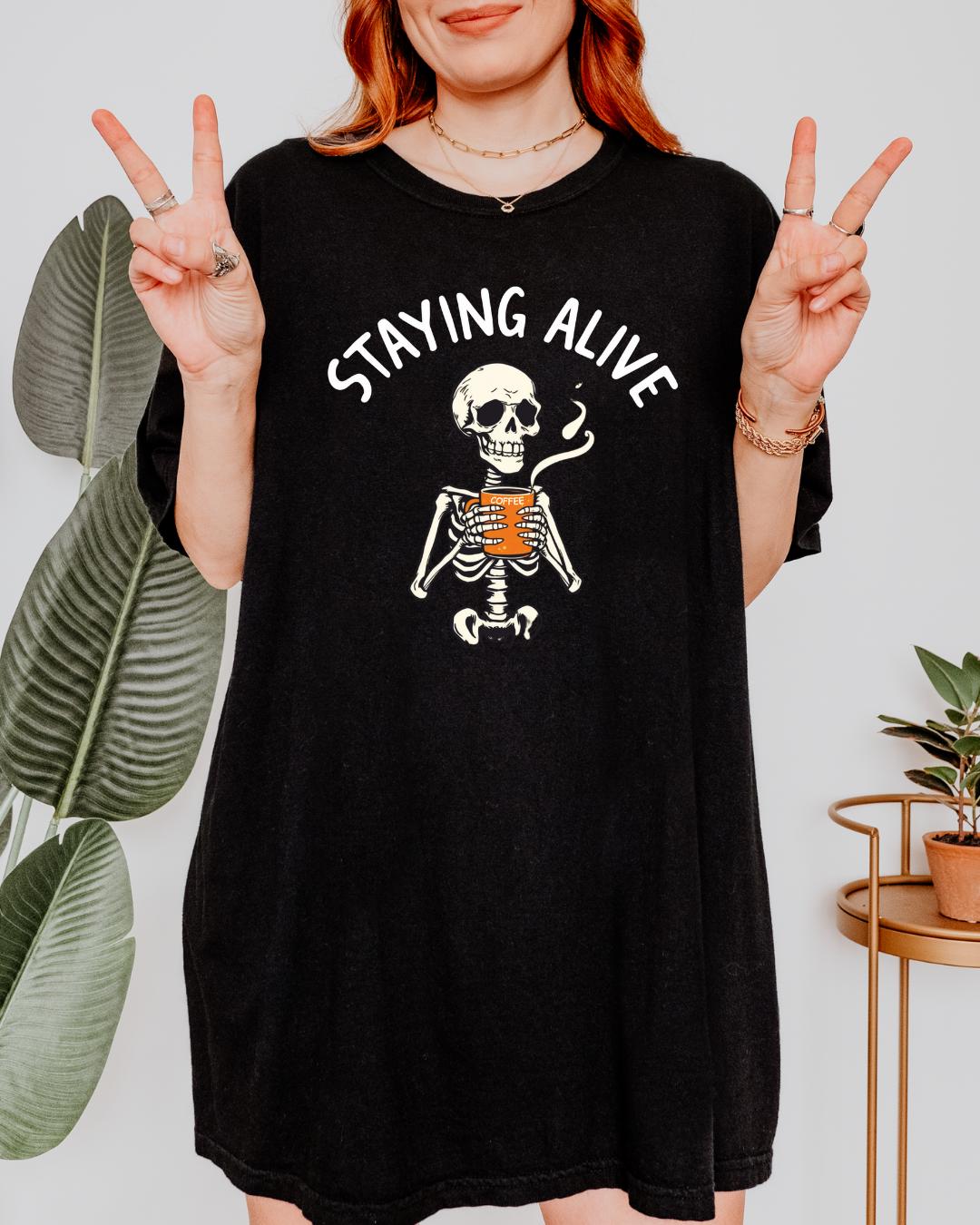 Staying Alive Skeleton Shirt: Funny Coffee Lover's Retro Halloween Tee ...