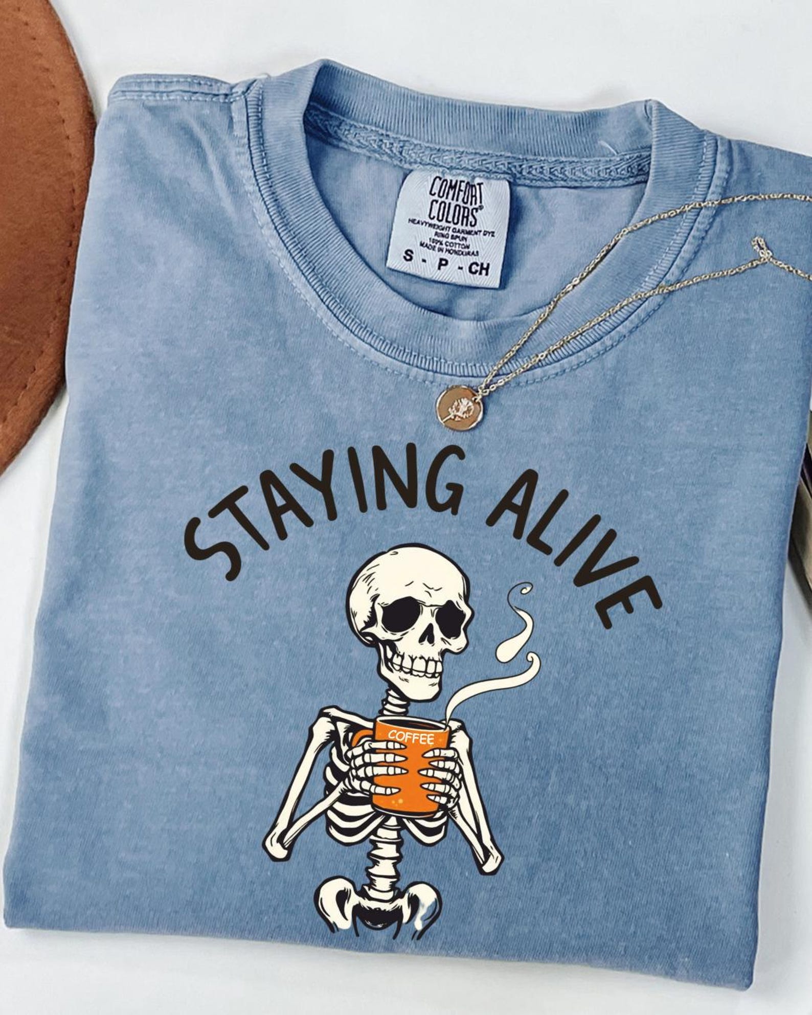 Staying Alive Skeleton Shirt: Funny Coffee Lover's Retro Halloween Tee ...