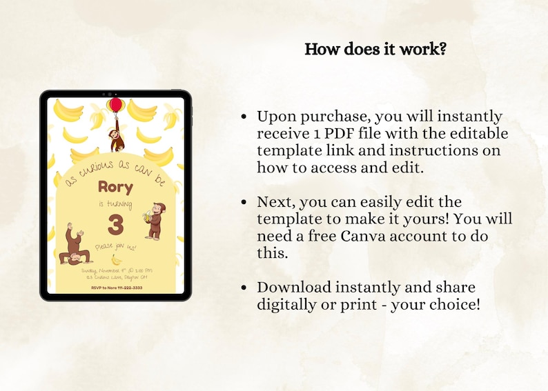 Curious George Monkey Birthday Invitation, Digital and Printable Kid's ...