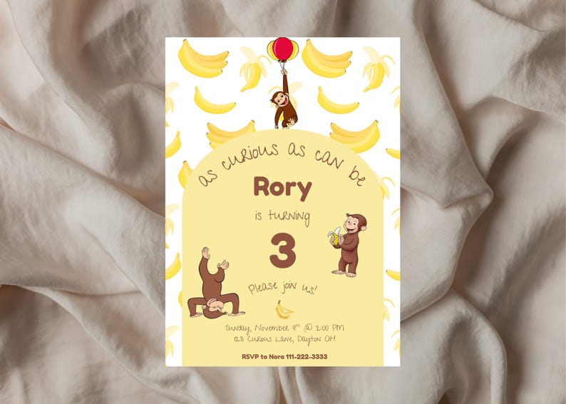 Curious George Monkey Birthday Invitation, Digital and Printable Kid's ...