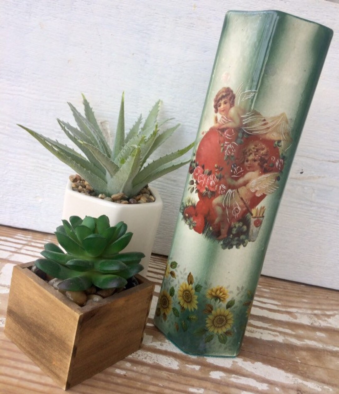 Green Vintage Vase / COTTAGECORE/ Aesthetic Room Decor / Cherubs ...