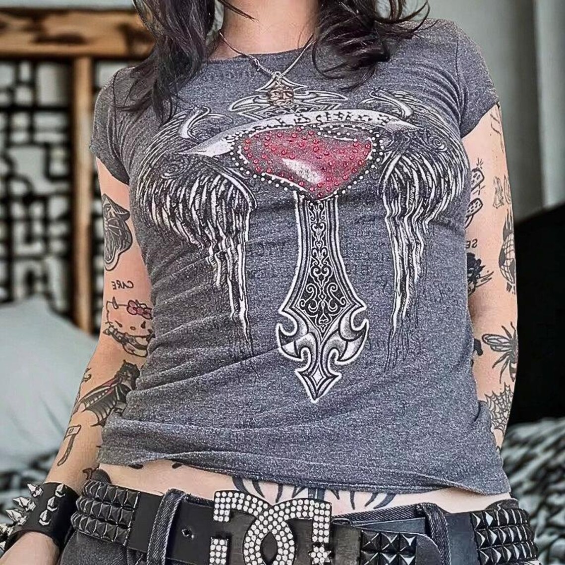 Y2k Rhinestone Baby Tee, Grunge Emo Crop Top, Gothic Emo Alt Shirt ...