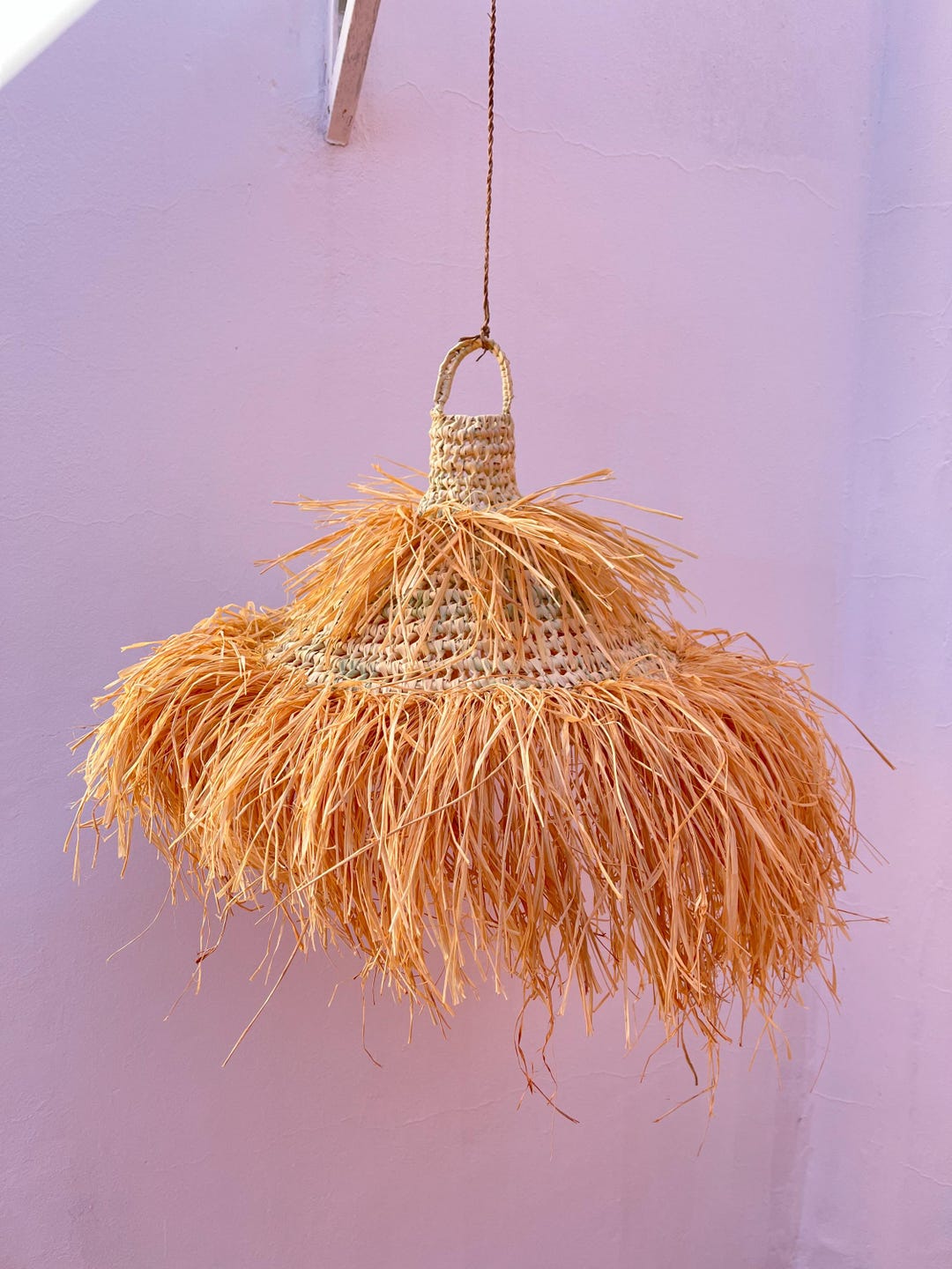 Straw Ball Pendant Light With Raffia Fringes , Moroccan Straw Lampshade ...