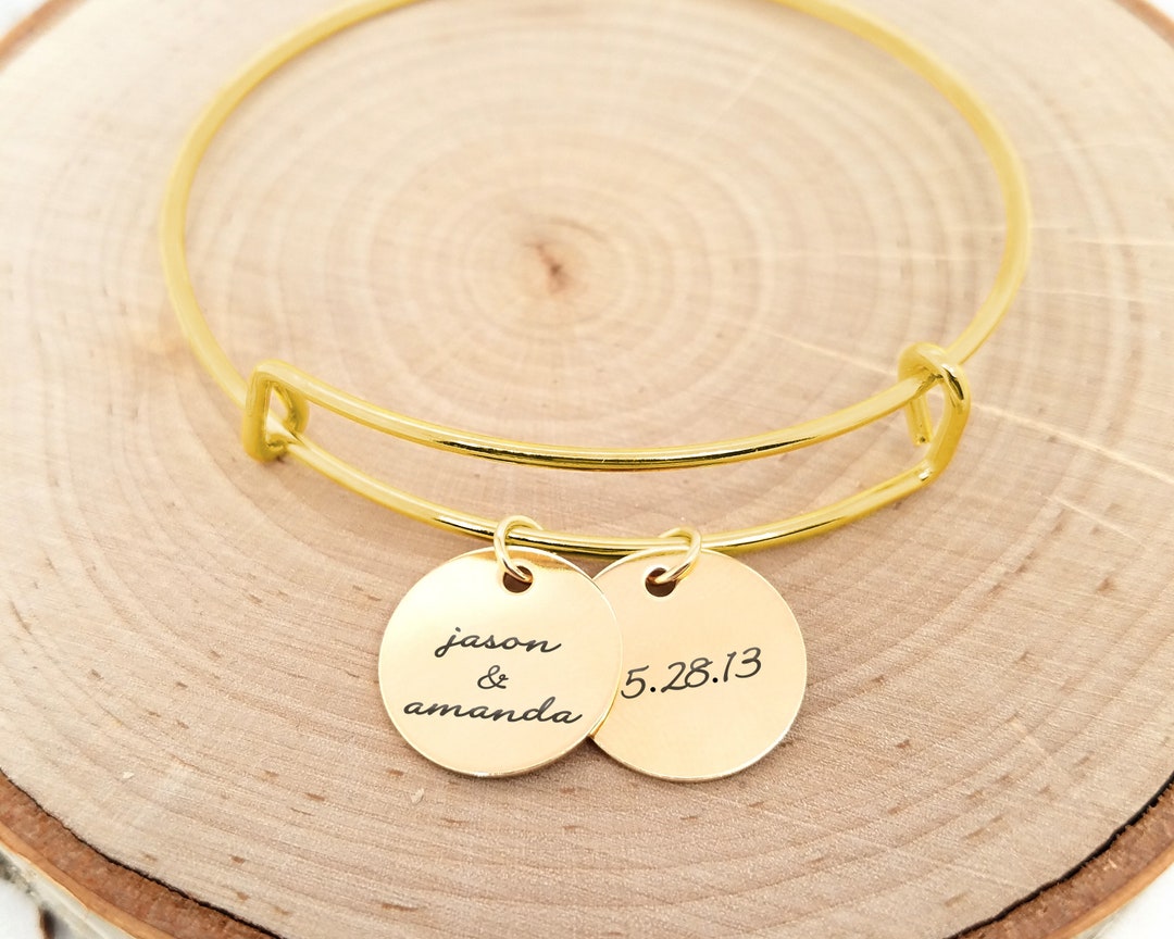 Personalized Gold Bangle Bracelet, Gold Anniversary Bracelet, Gold Date ...